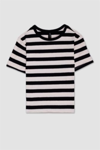 Ecru WOMAN Slim Fit Narrow Cut Crew Neck Striped Short Sleeve T-Shirt ...