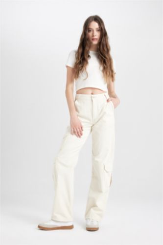 Ecru WOMAN Straight Fit Normal Waist Cargo Pants 3163702 | DeFacto