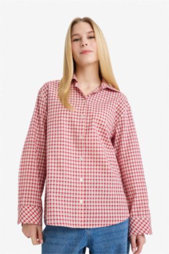 Red WOMAN Oversize Fit Shirt Collar Long Sleeve Shirt 3375564 | DeFacto