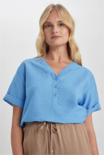 Blue Woman Traditional V Neck Loose Fit Short Sleeve Blouse 2785473 ...