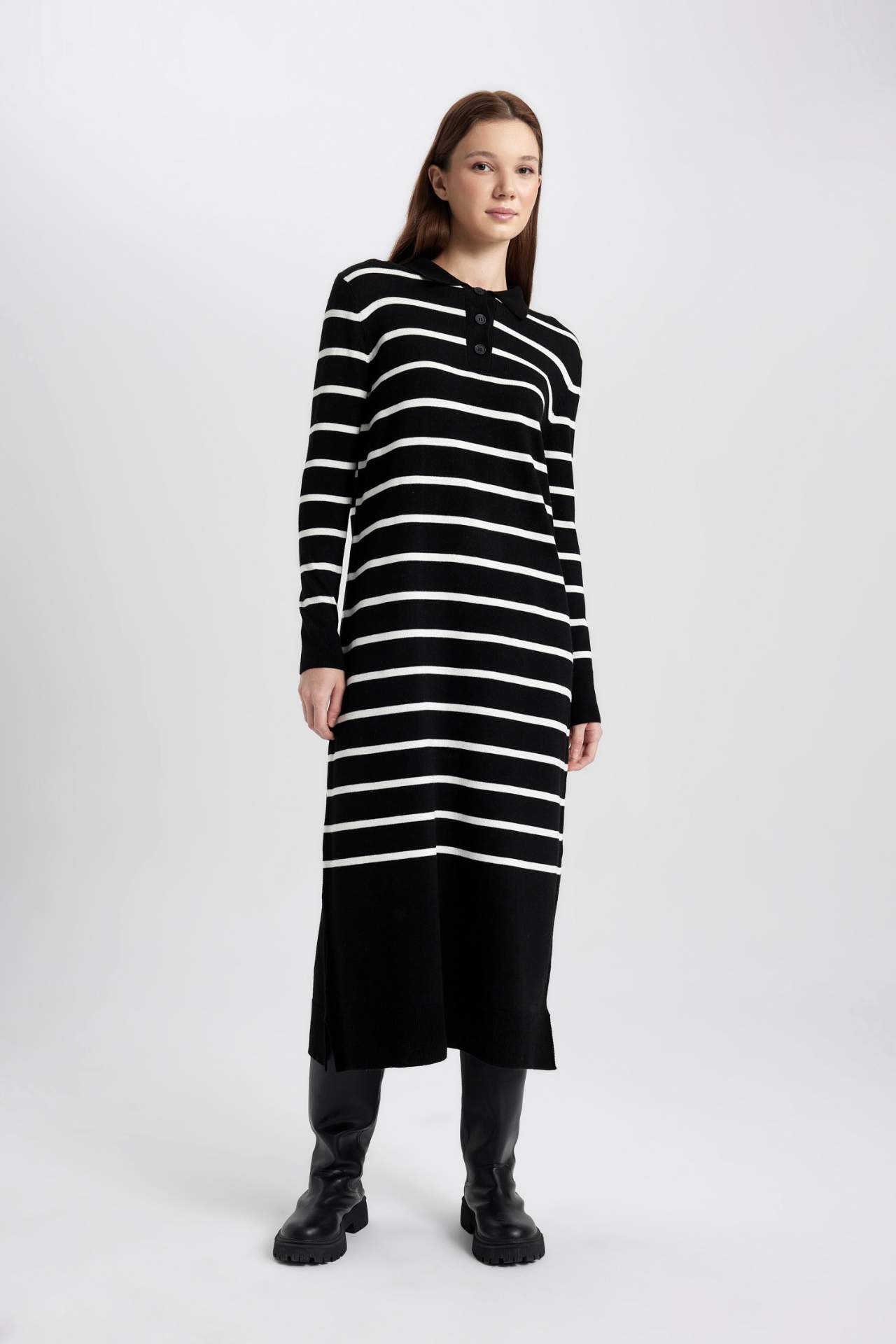 Navy Woman Regular Fit Polo Collar Striped Dress 3162024 | DeFacto