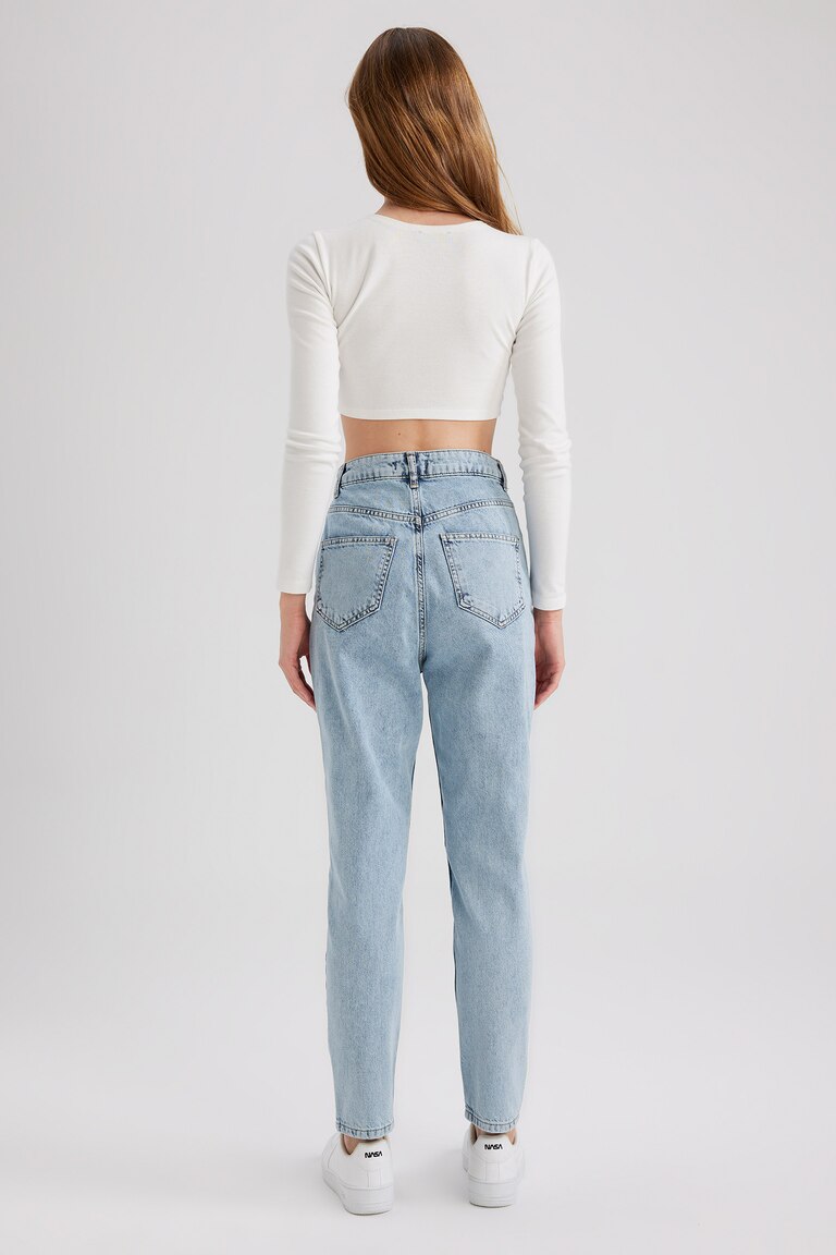 Blue Woman Mom Fit Ripped Detailed Jean Trousers 2787004 Defacto