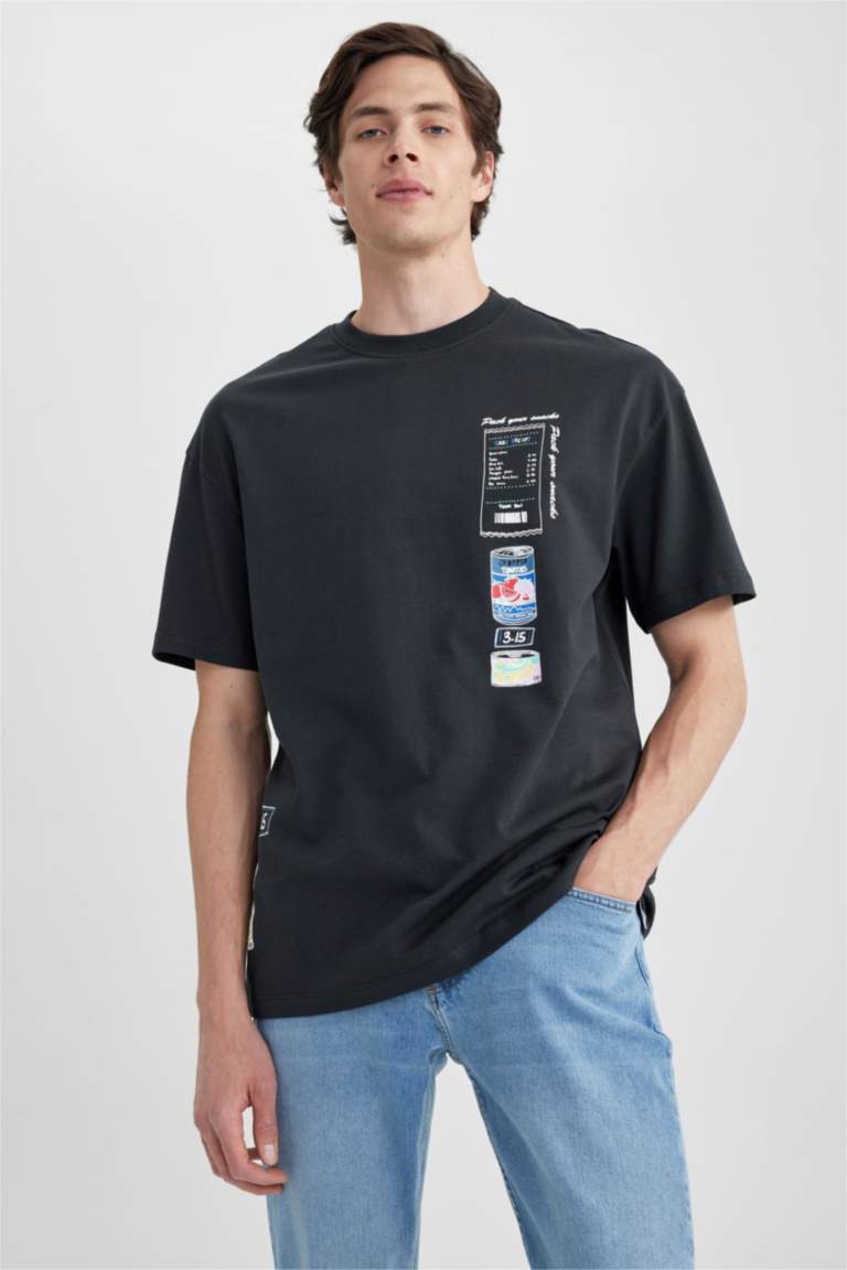 Antrasit Erkek Comfort Fit Bisiklet Yaka Baskılı %100 Pamuk Tişört ...