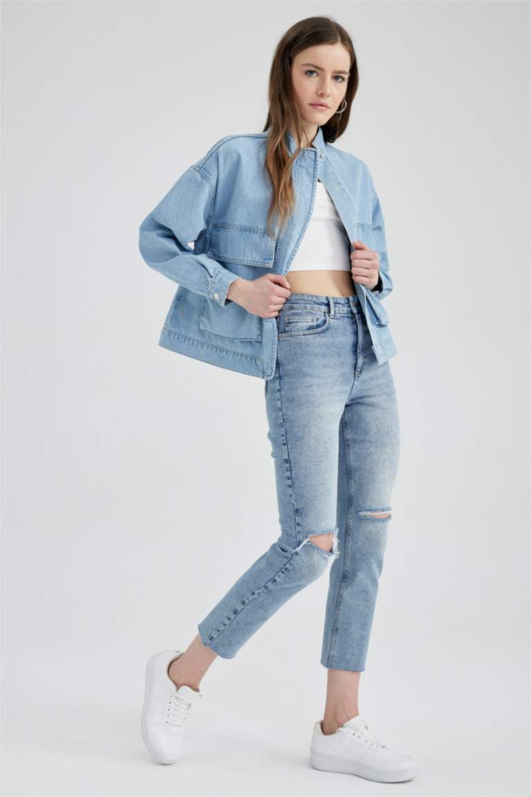 Blue WOMAN Mary Straght Fit Ripped Detailed Jean Trousers 2784763 | DeFacto