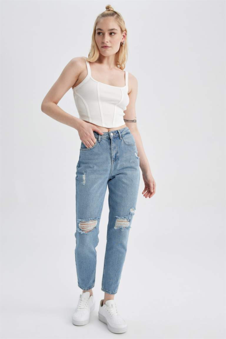 Blue WOMAN Mom Fit Ripped Detailed Jean Ankle Length Pants 2802742 ...