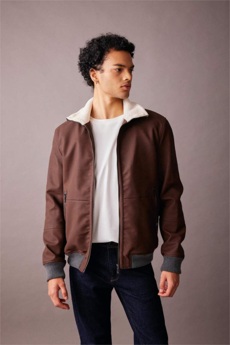 Brown MAN Slim Fit Stand Collar Plush Lining Faux Leather Jacket ...