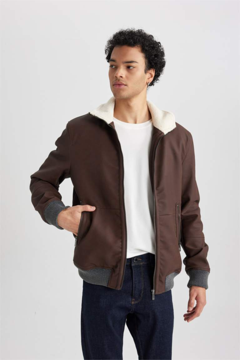 Brown MAN Slim Fit Stand Collar Plush Lining Faux Leather Jacket ...