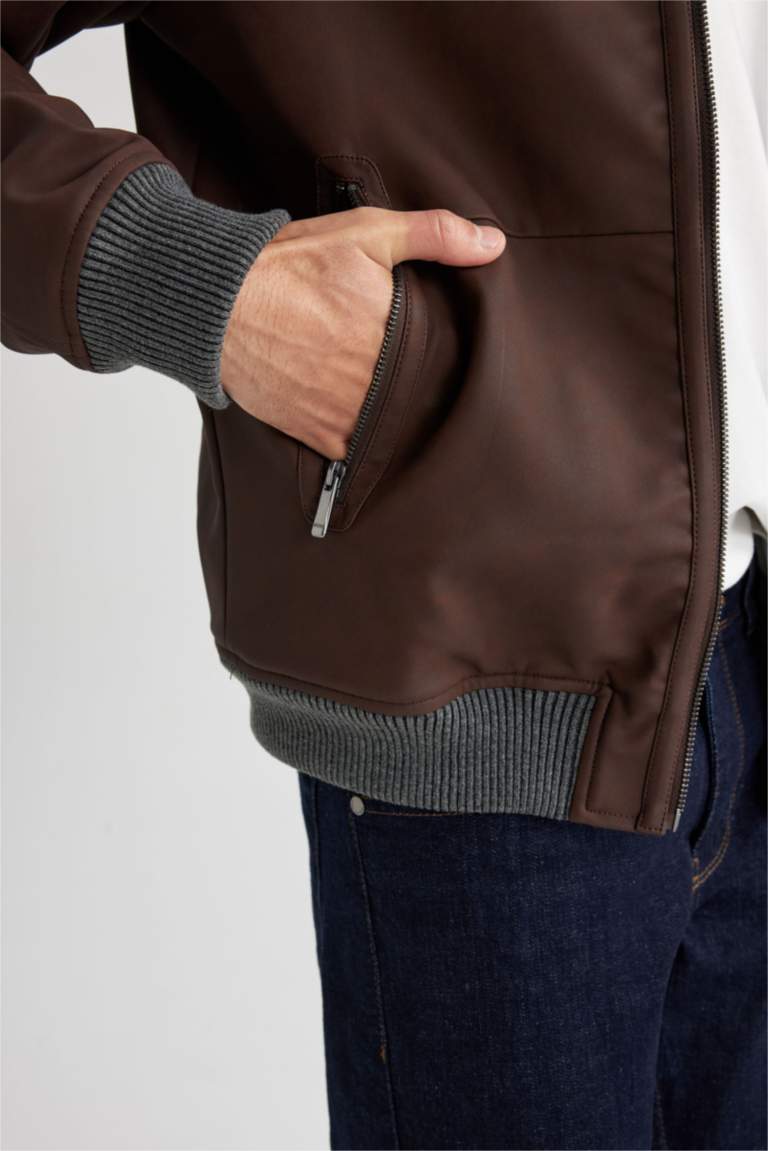 Brown MAN Slim Fit Stand Collar Plush Lining Faux Leather Jacket ...