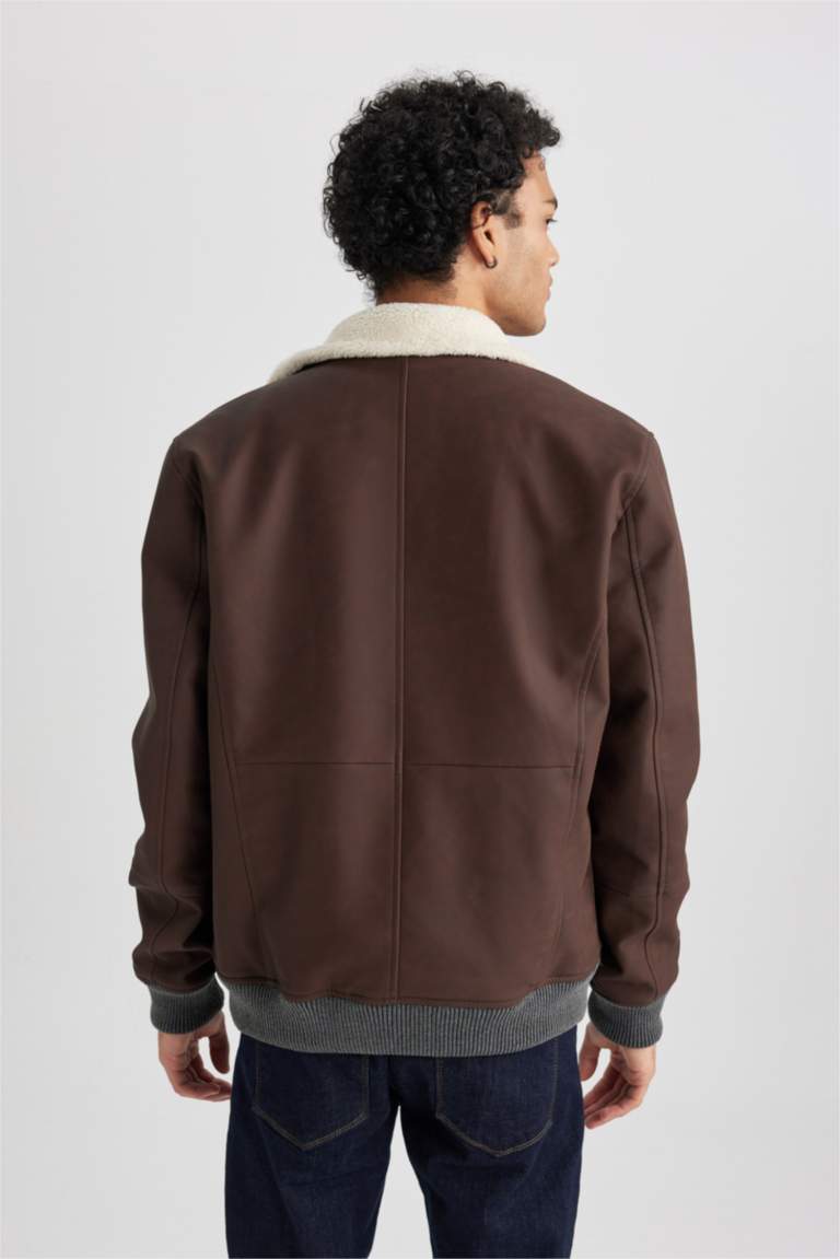 Brown MAN Slim Fit Stand Collar Plush Lining Faux Leather Jacket ...