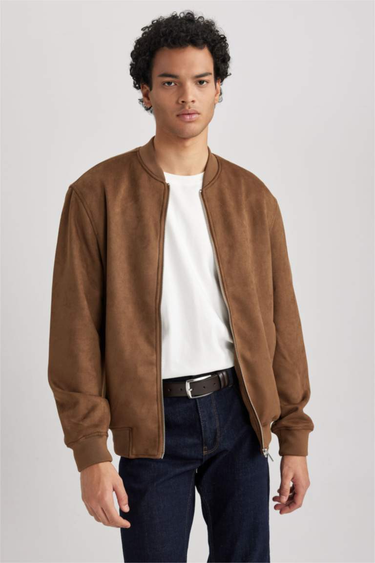 Brown Man Slim Fit College Collar Bomber Suede Jacket 2795365 | DeFacto