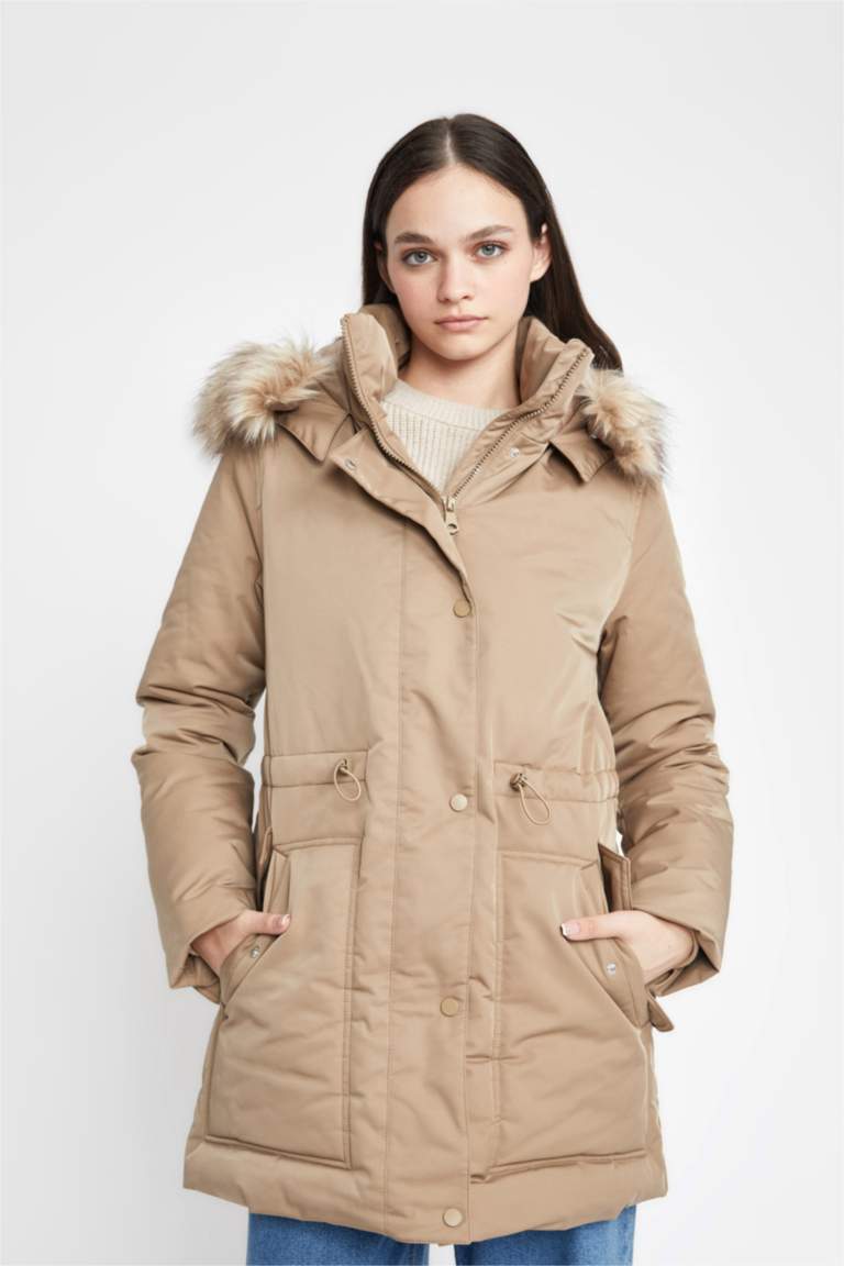Beige WOMAN Waterproof Relax Fit Hooded Faux Fur Jacket 2836919 | DeFacto