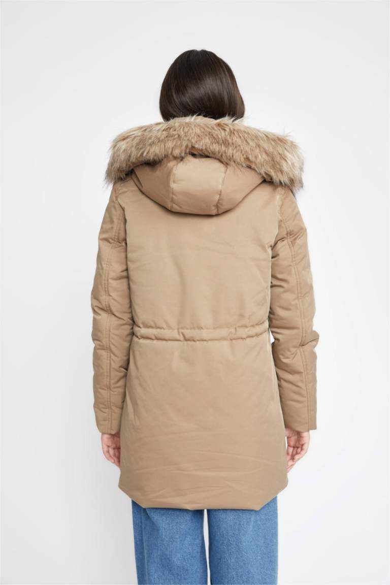 Beige WOMAN Waterproof Relax Fit Hooded Faux Fur Jacket 2836919 | DeFacto