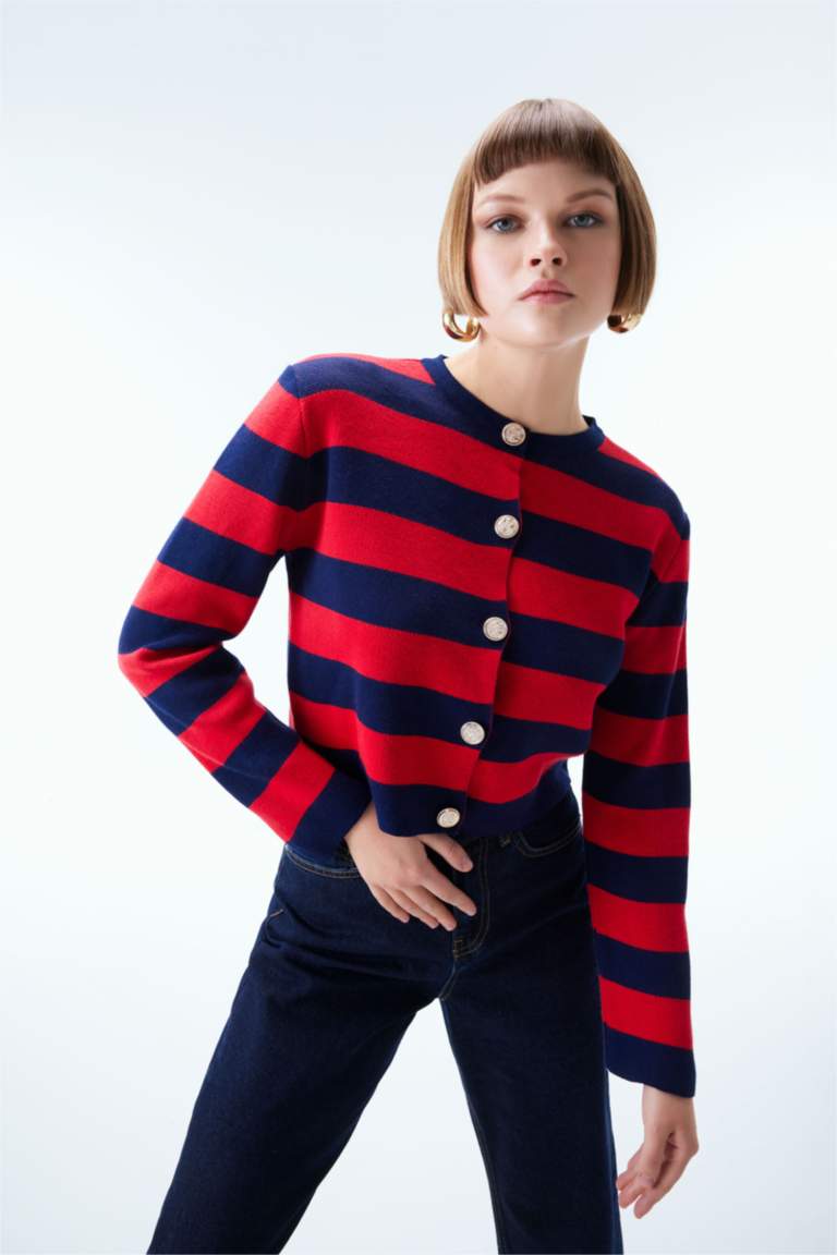 Kırmızı Kadın Regular Fit Çizgili Bisiklet Yaka Pike Hırka 2839323 ...