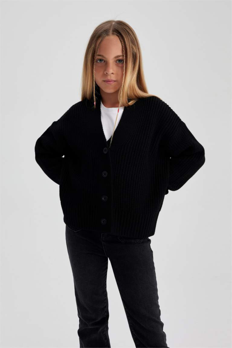 Black GIRLS & TEENS Regular Fit V-Neck Cardigan 2812938 | DeFacto