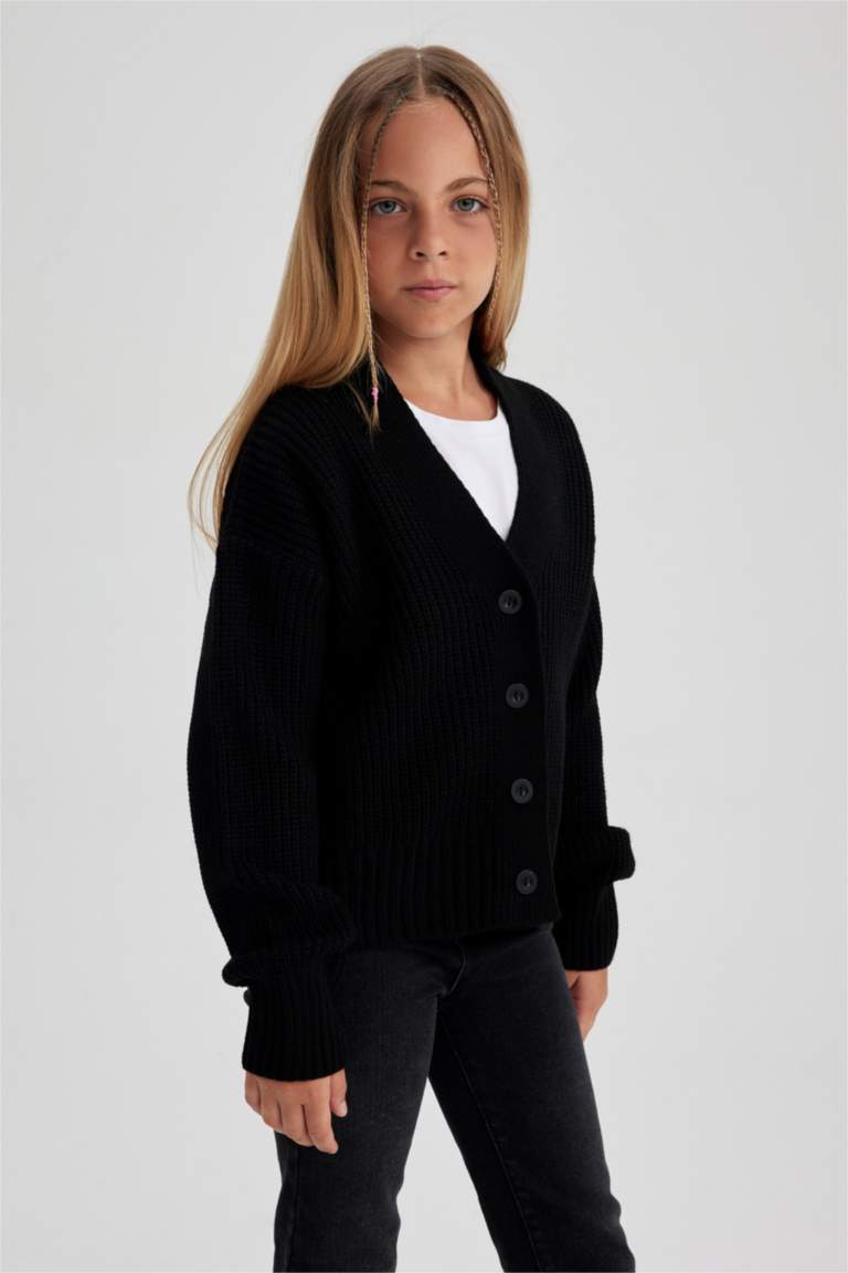 Black GIRLS & TEENS Regular Fit V-Neck Cardigan 2812938 | DeFacto