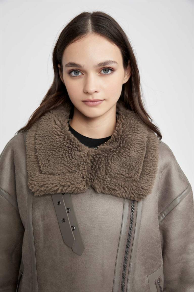 Grey WOMAN Waterproof Relax Fit Plush Lining Suede Faux Leather Jacket ...