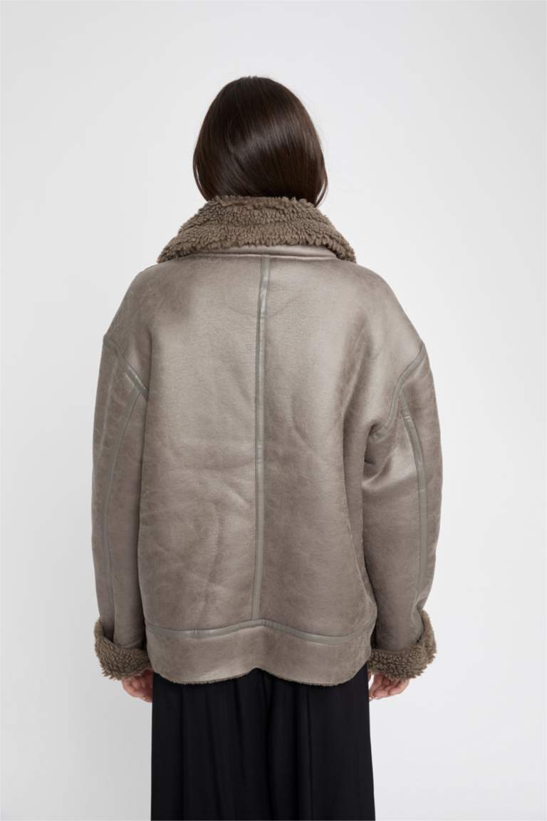 Grey WOMAN Waterproof Relax Fit Plush Lining Suede Faux Leather Jacket ...