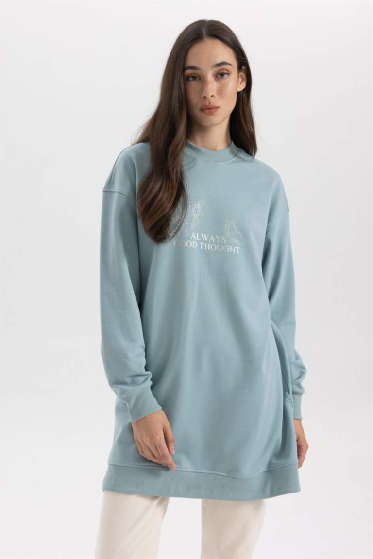 Turquoise WOMAN Regular Fit Thin Sweatshirt Fabric Crew Neck ...