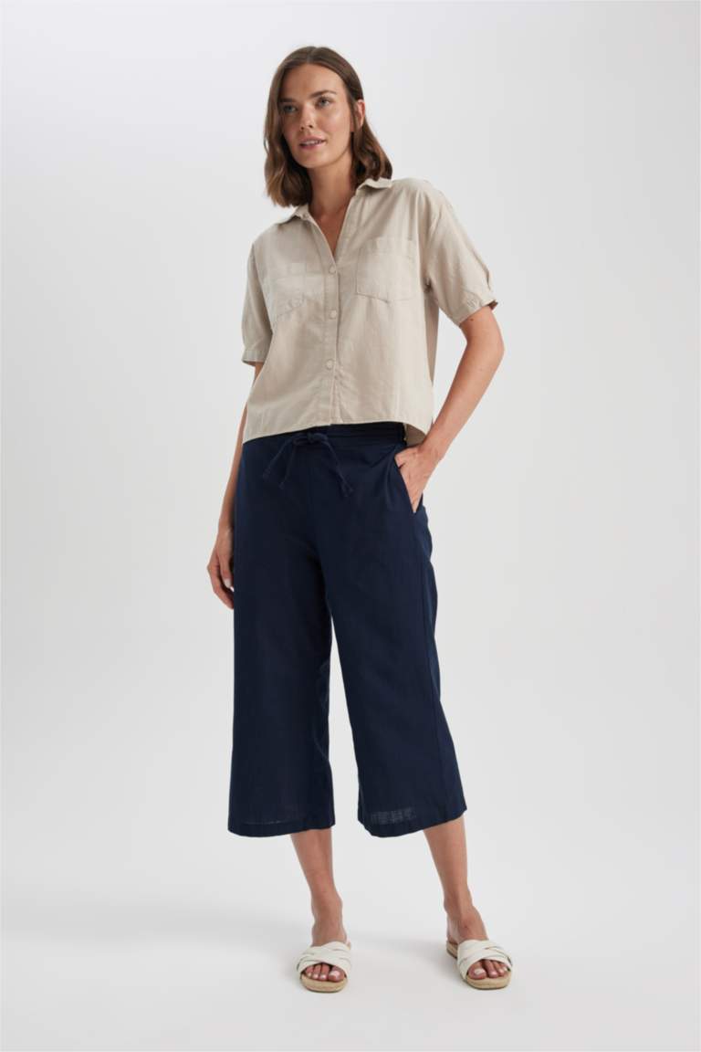 Navy Woman Capri Linen Look Wide Leg Capri 2858401 | DeFacto