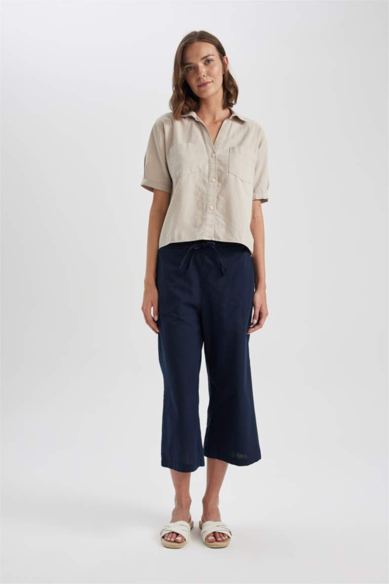Navy Woman Capri Linen Look Wide Leg Capri 2858401 | DeFacto