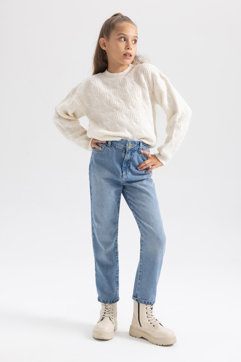 Blue Girls And Teens Girl Mom Fit Ripped Detailed Trousers 2927513 Defacto