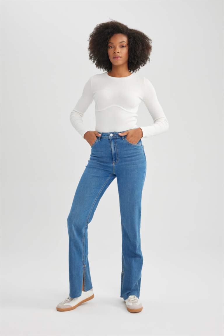 Blue WOMAN Slim Flare Fit High Waist Straight Flare Leg Long Jeans ...