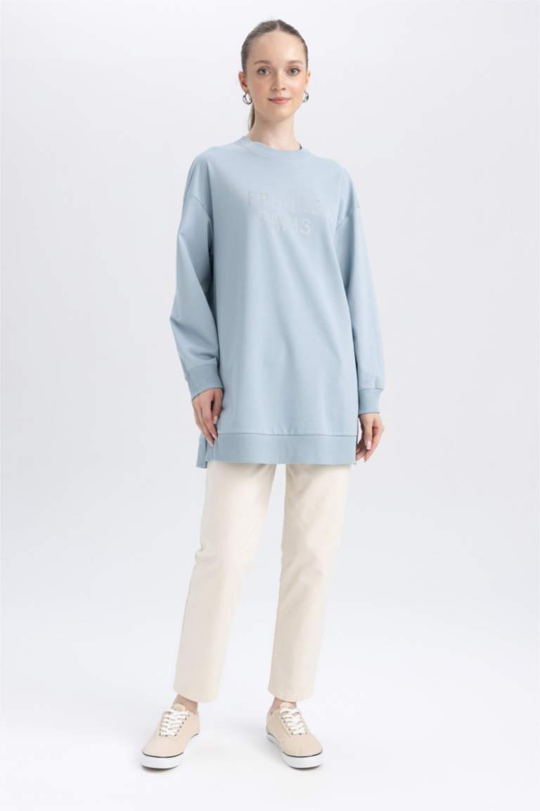 Blue WOMAN Regular Fit Thin Sweatshirt Fabric Crew Neck Embroidered ...
