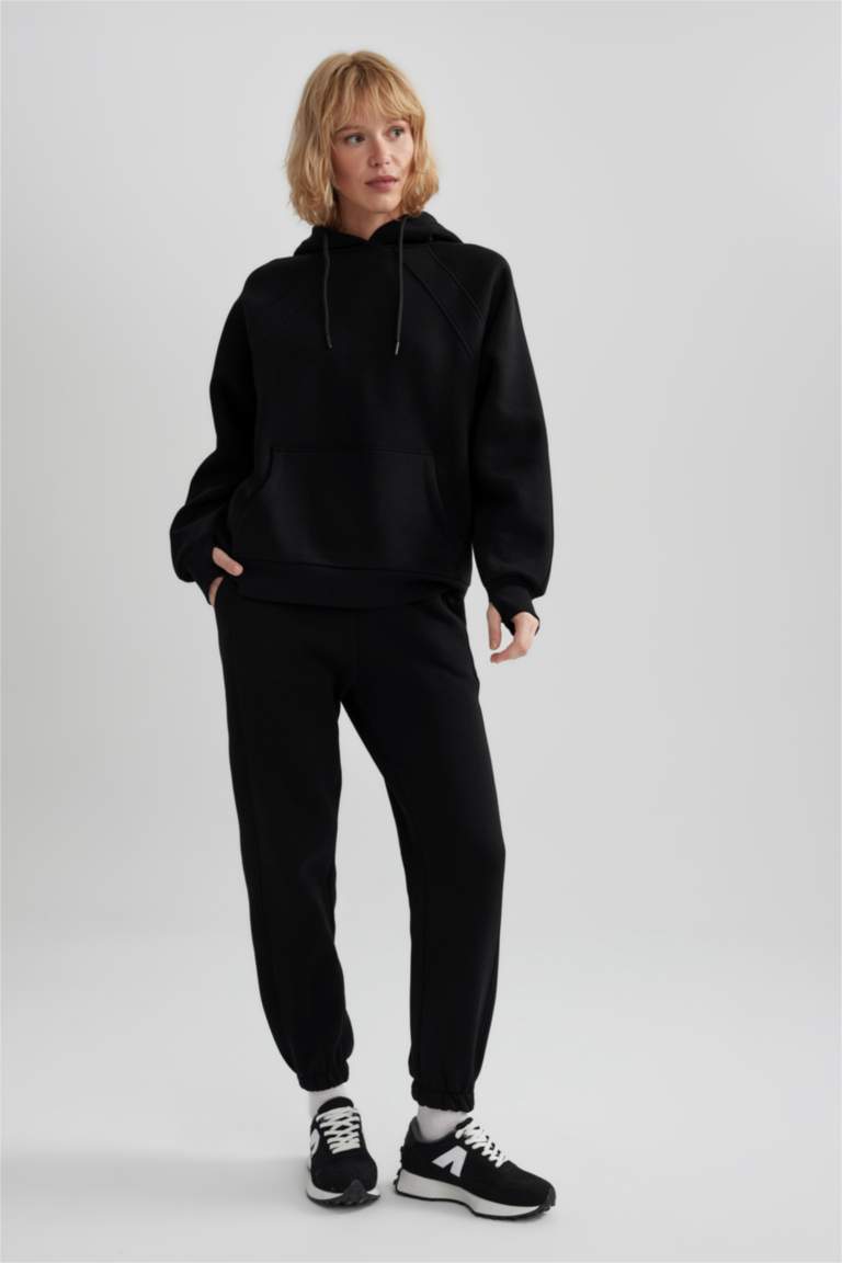 Black WOMAN Standard Fit Double Pocket Thick Sweatshirt Fabric Trousers ...