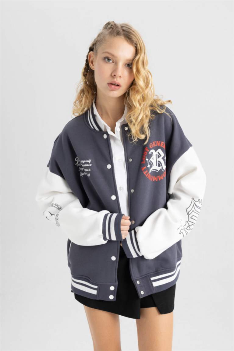 Anthracite WOMAN Oversize Fit Crew Neck Thick Fabric Bomber Jacket ...