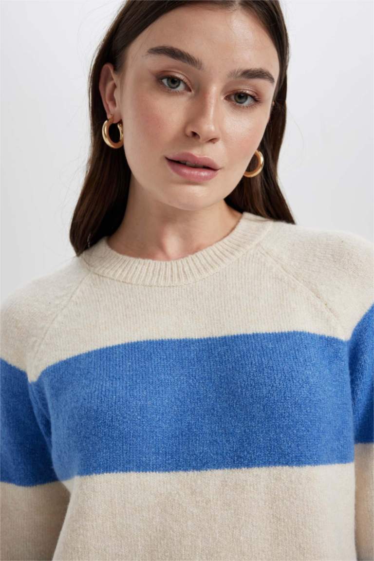 Blue WOMAN Regular Fit Crew Neck Striped Knitted Pullover Tunic 2935702 | DeFacto