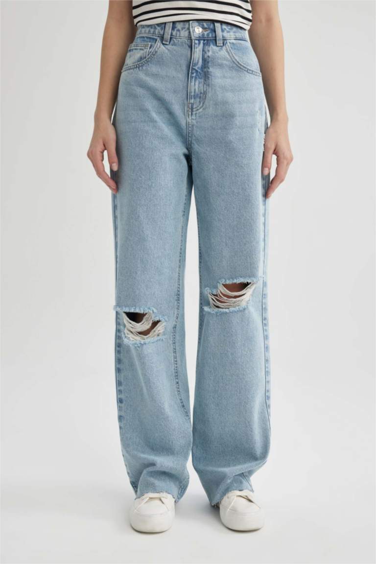 Blue WOMAN 90's Wide Leg Ripped Detailed High Waist Long Washed Jeans ...