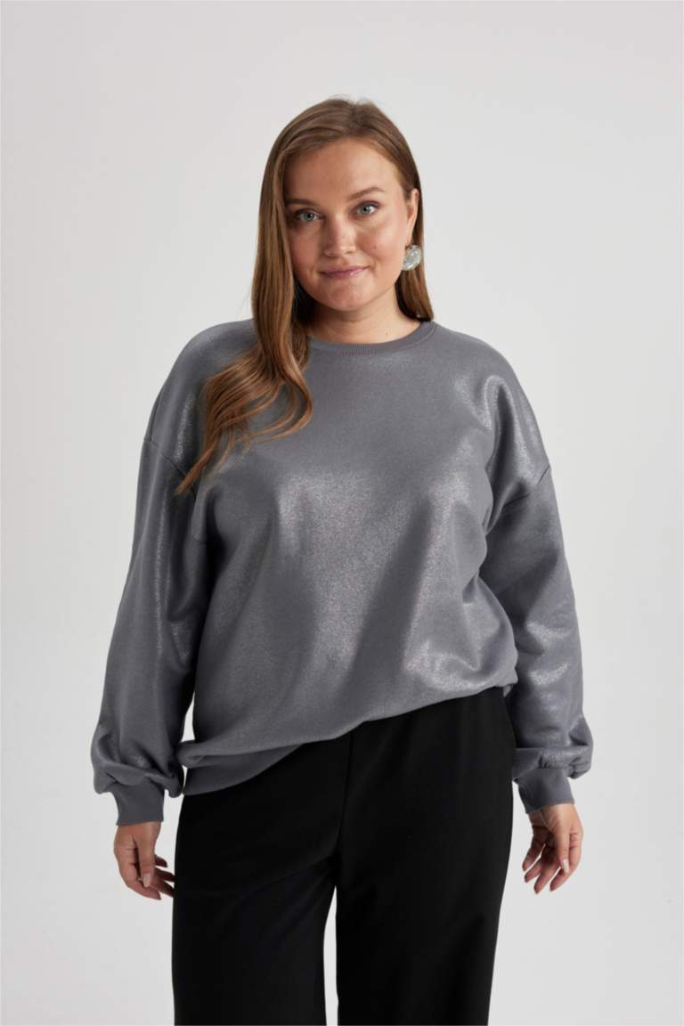Grey WOMAN Relax Fit Crew Neck Basic Shiny Thick Sweatshirt 2956365 ...