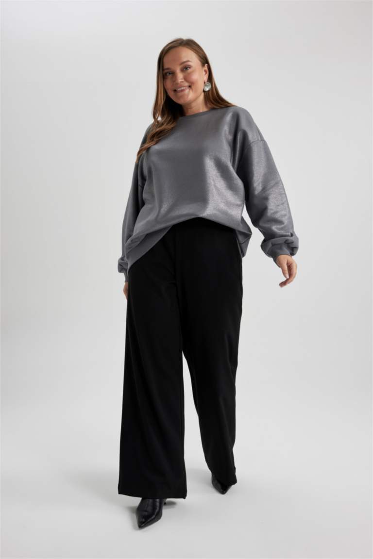 Grey WOMAN Relax Fit Crew Neck Basic Shiny Thick Sweatshirt 2956365 ...