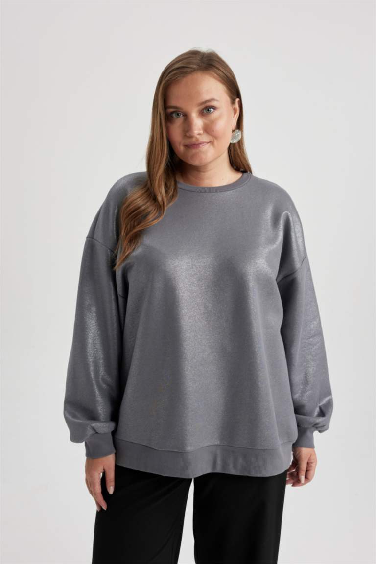 Grey WOMAN Relax Fit Crew Neck Basic Shiny Thick Sweatshirt 2956365 ...