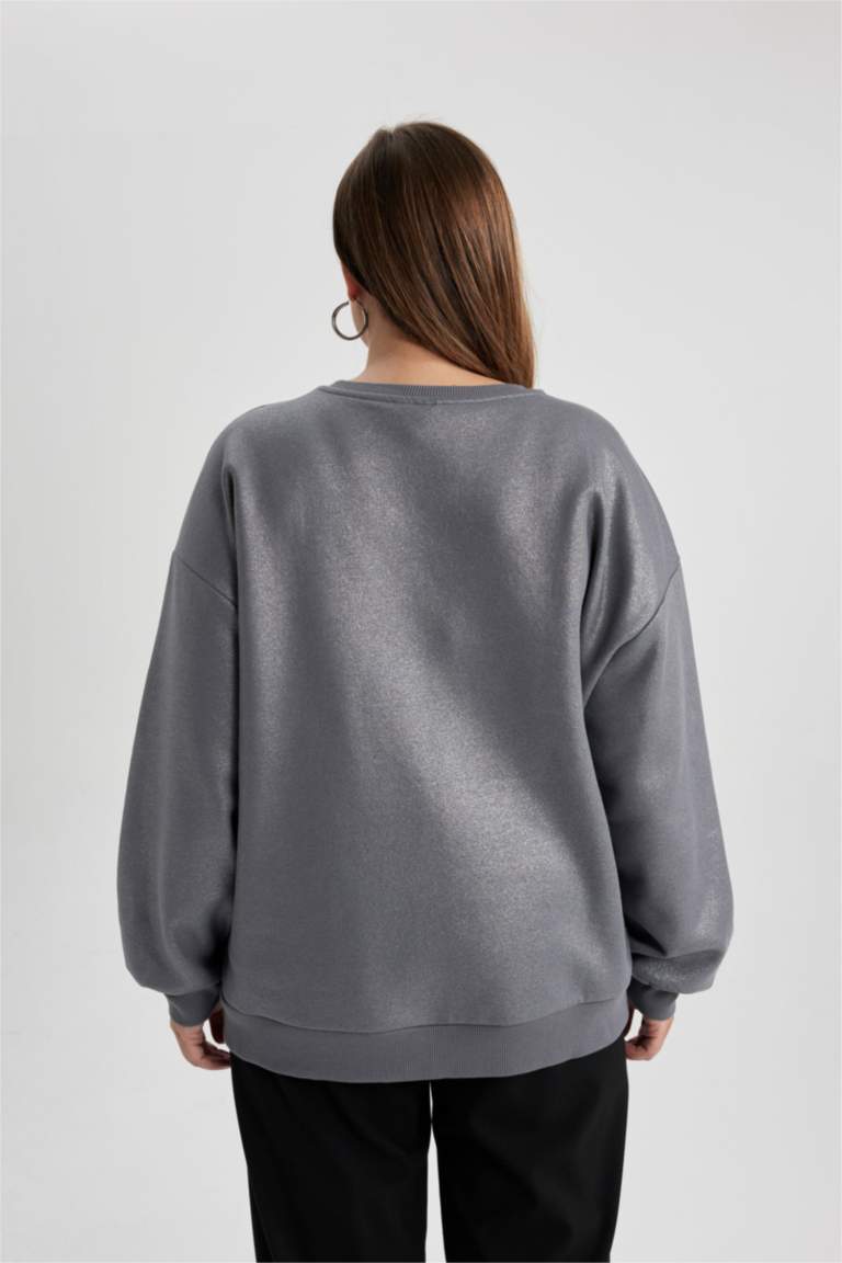 Grey WOMAN Relax Fit Crew Neck Basic Shiny Thick Sweatshirt 2956365 ...
