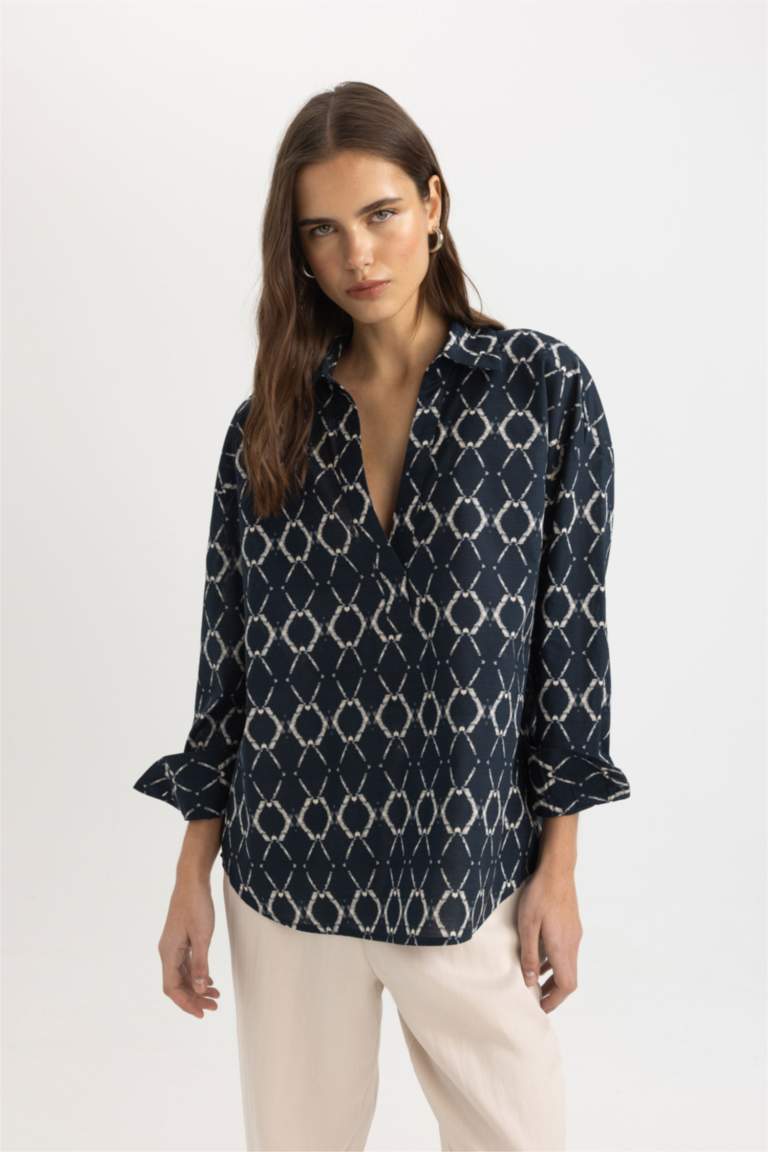 Navy WOMAN Oversize Fit Round Collar Long Sleeve Blouse 3083166 | DeFacto