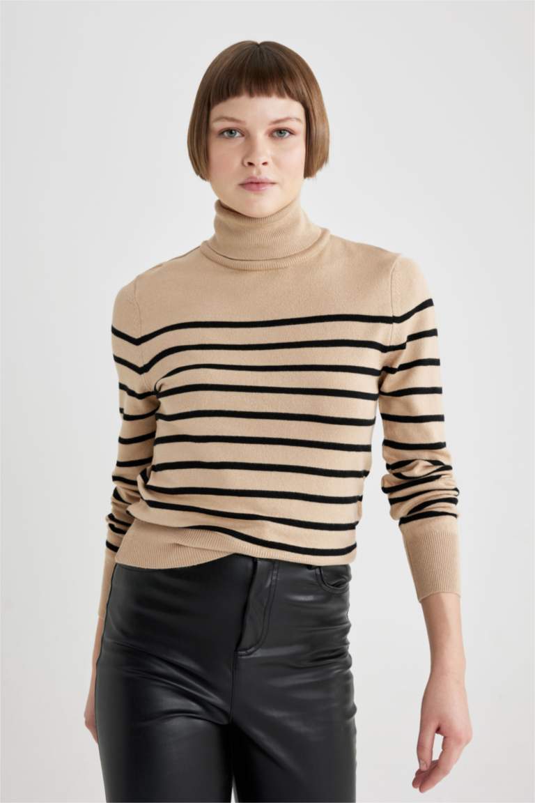 Beige Woman Regular Fit Striped Turtleneck Knitted Pullover 3058407 | DeFacto