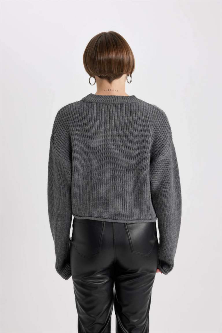 Anthracite WOMAN Crew Neck Thessaloniki Fabric Crop Pullover 3057360 ...