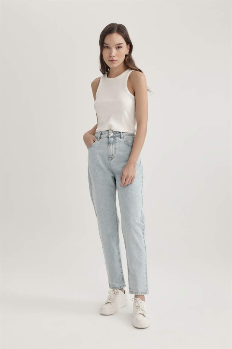 Голубой Женщины Брюки Mom кроя c высокой талией из денима 3074287 | DeFacto