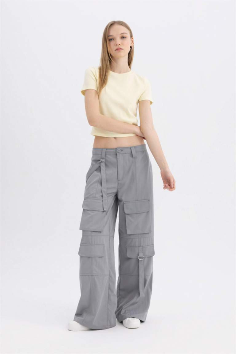 Gri Kadın Coool Wide Leg Geniş Paça Normal Bel Pantolon Kargo Cepli ...