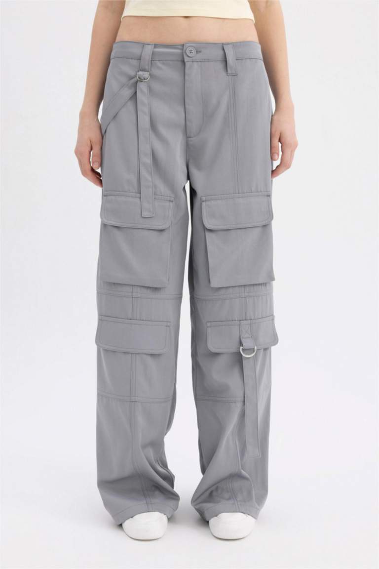 Gri Kadın Coool Wide Leg Geniş Paça Normal Bel Pantolon Kargo Cepli ...