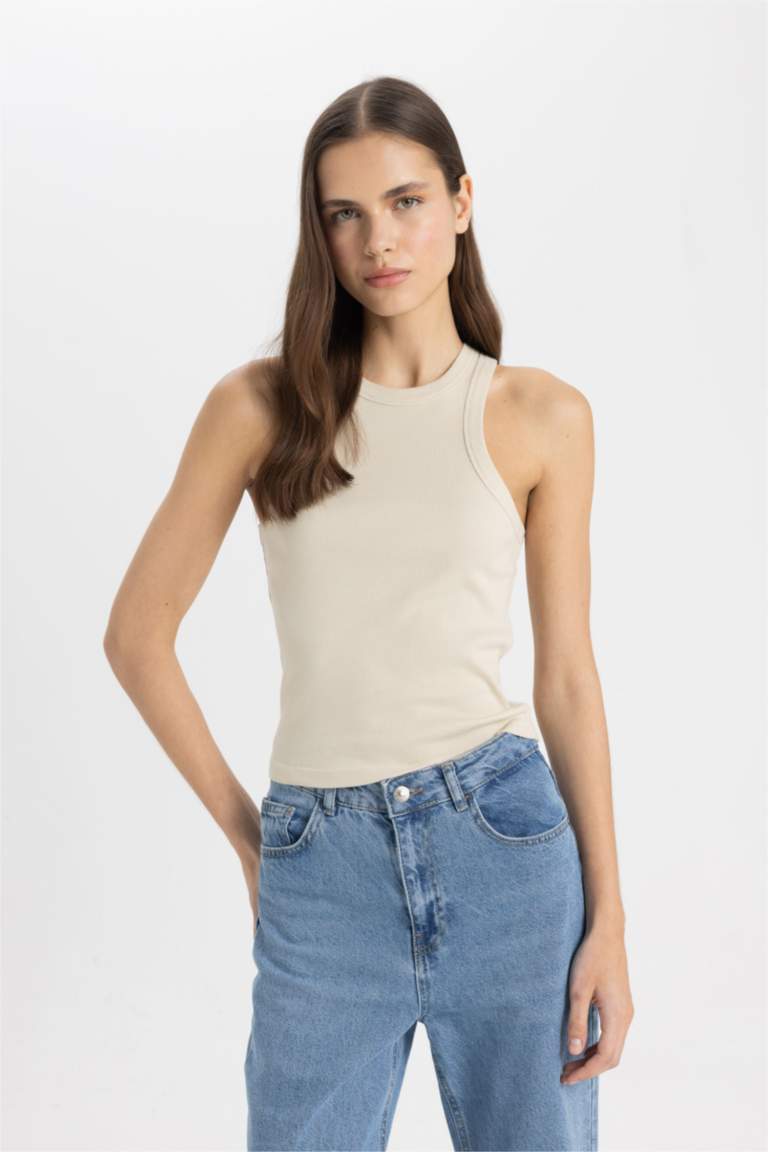 Beige WOMAN Slim Fit Camisole Halter Collar Tank Top 3096884 | DeFacto