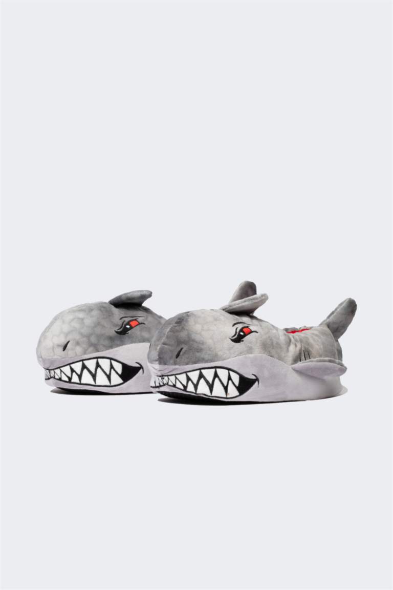 Grey Man Boy Shark Themed Plush Home Slippers 3128666 | DeFacto
