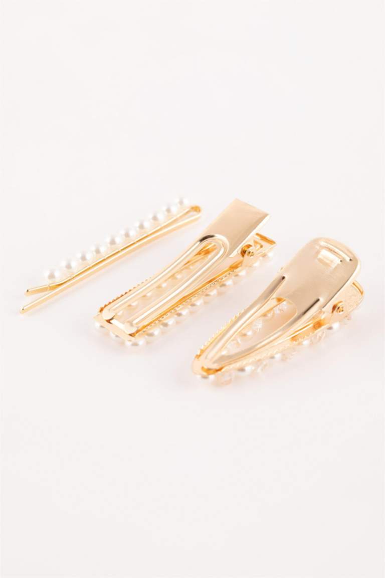 Gold WOMAN Woman 3 Piece Pearl Detailed Gold Latch Buckle Clips 3137440 ...