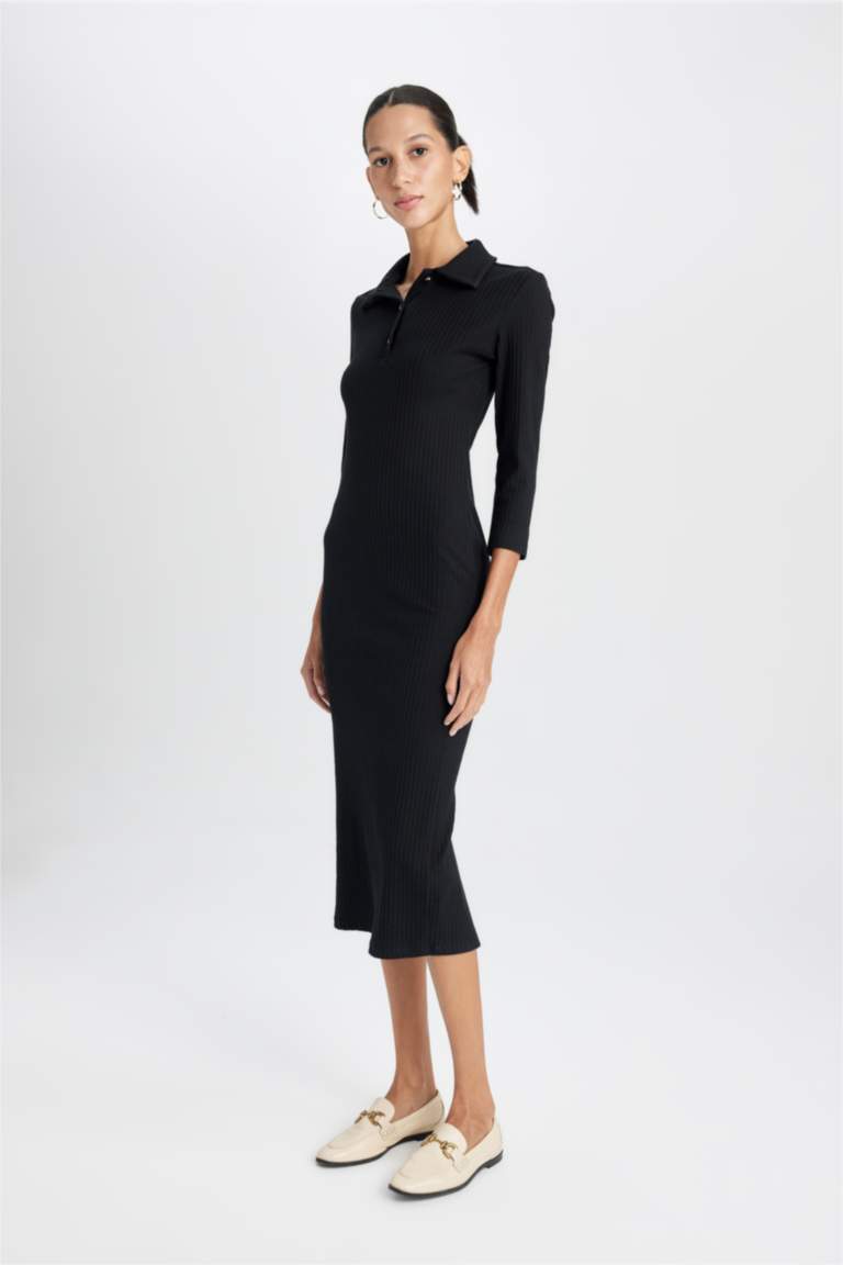 Black WOMAN Bodycon Polo Collar Camisole Midi Dress 3137514 | DeFacto