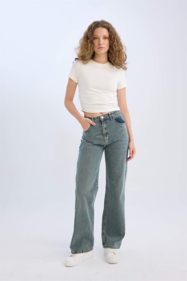 Indigo Woman 90's High Waist Wide Leg Long Washed Jeans 3194433 | DeFacto