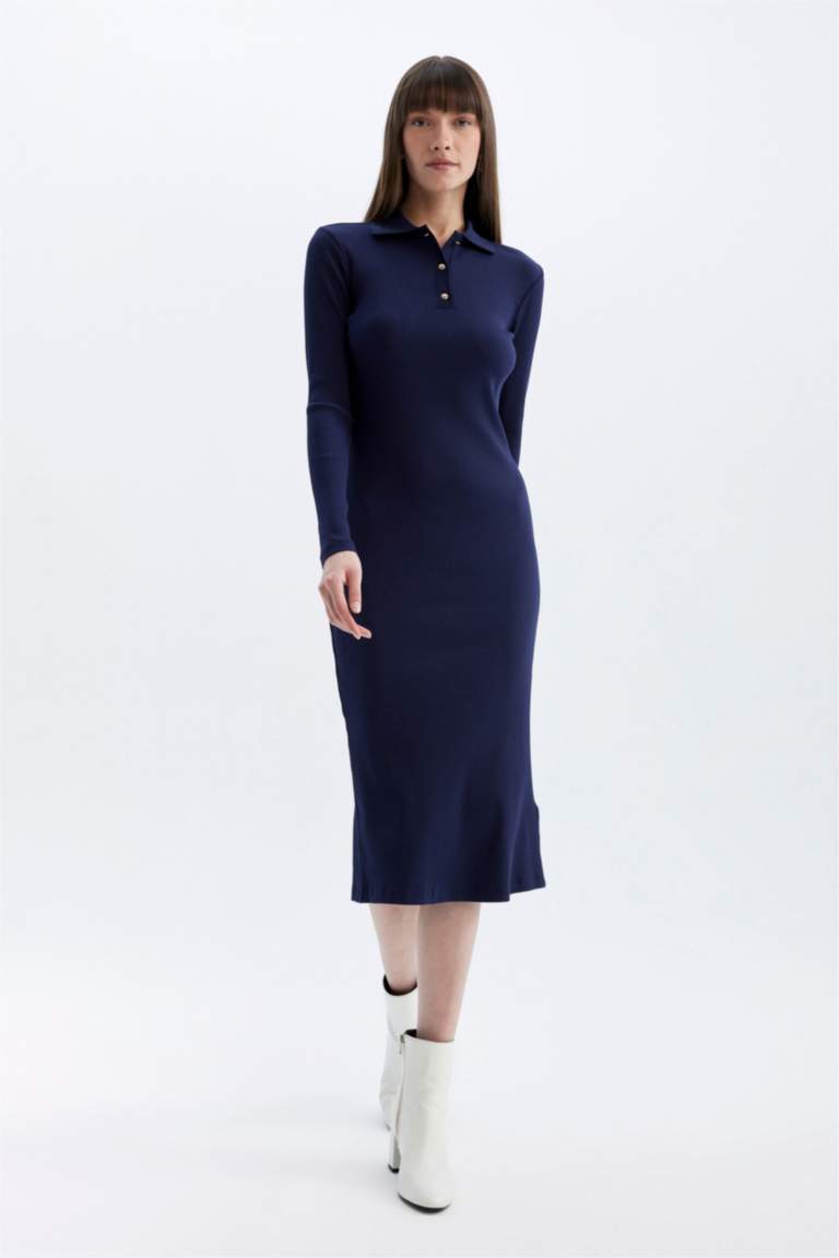 Navy Woman Bodycon Polo Collar Camisole Midi Dress 3137260 | DeFacto