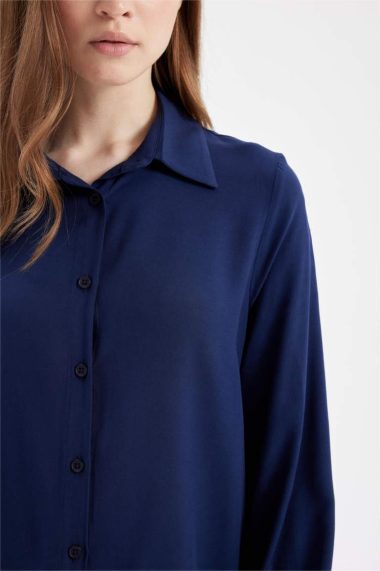 Lacivert Kadın Regular Fit Basic Düz Viskon Uzun Kollu Gömlek Tunik ...