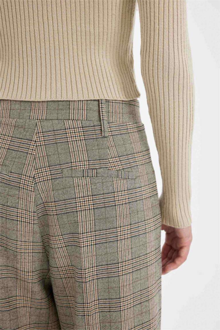 Beige Woman Wide Leg Checkered High Waist Standard Length Trousers ...