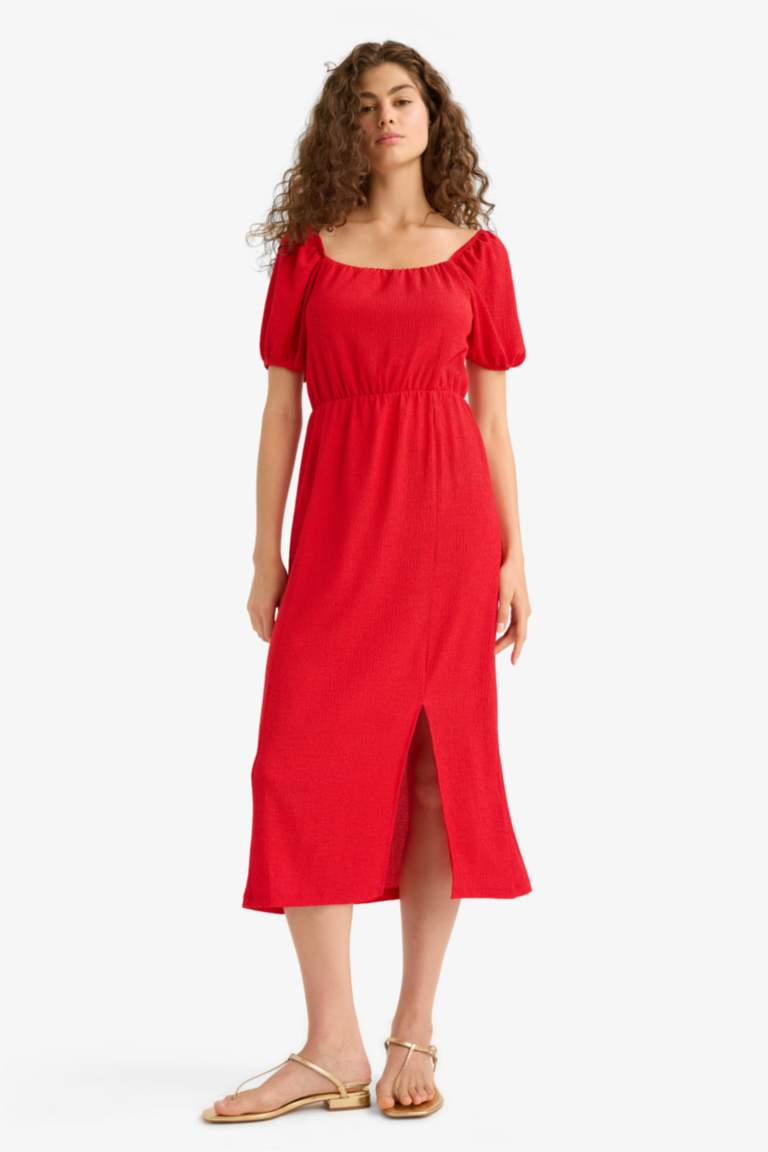 Red WOMAN Square Neck Crepe Midi Dress 3310855 | DeFacto